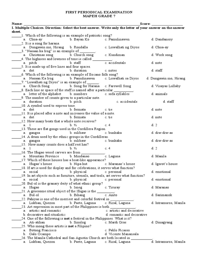 Grade 7 - 1 MAPEH First Periodic Exam | PDF | Philippines | Physical Examination