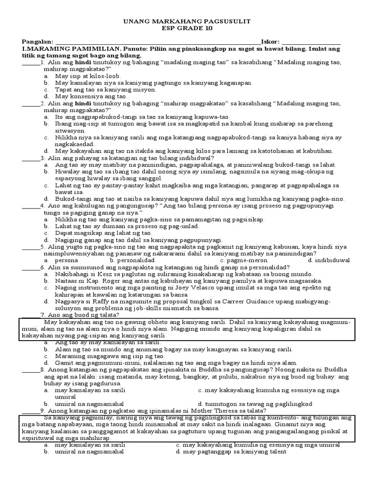 Grade 10 - 1 ESP Unang Markahan | PDF