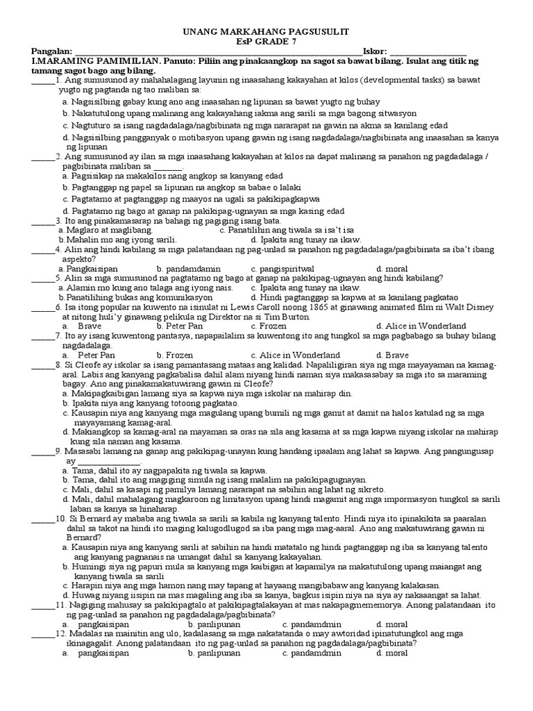 Grade 7 - 1 EsP Unang Markahan.1 | PDF