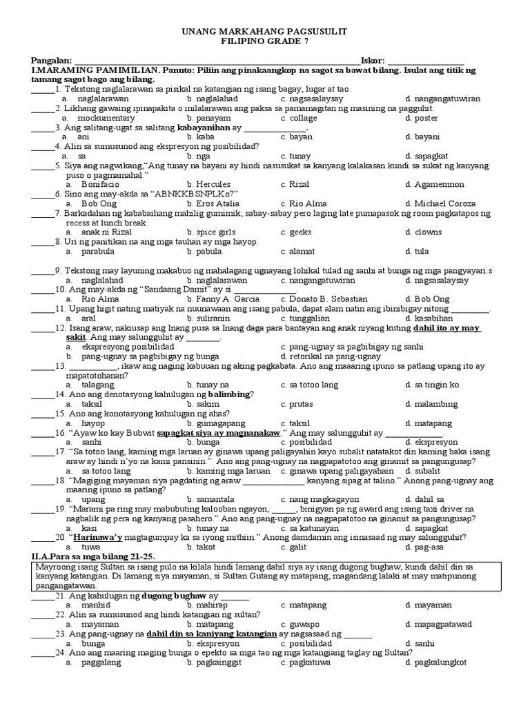 Grade 7 - 1 Filipino Unang Markahan.0 | PDF