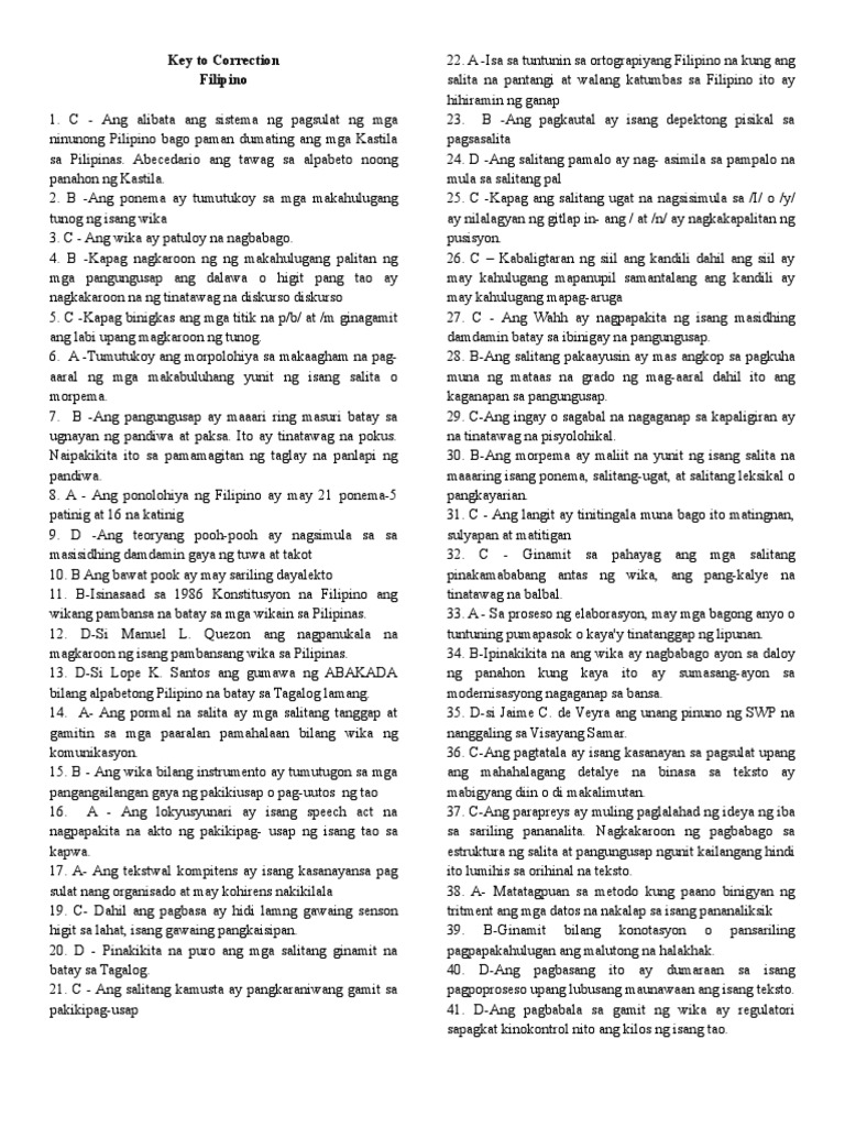 GE - Filipino -Key to Correction Only Let Review | PDF