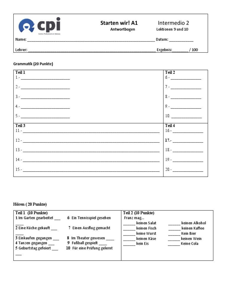 Inter 2 Hoja de Respuestas Starten Wir A1 | PDF