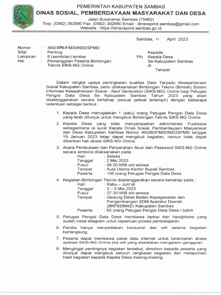 Undangan Bimtek SIKS-NG Online - PPD | PDF
