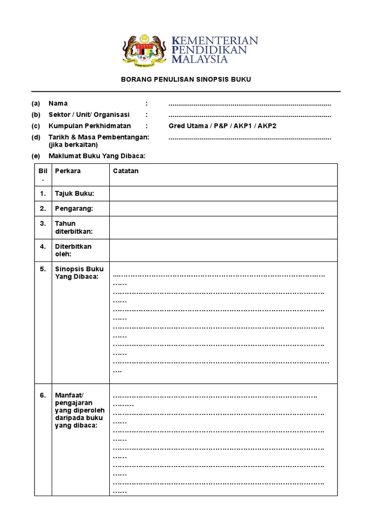 Borang Penulisan Sinopsis Buku SPLKPM 2023 | PDF Borang Penulisan Sinopsis Buku SPLKPM 2023 | PDF
