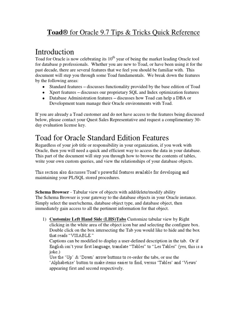 Toad® For Oracle 9 7 Tips And Tricks Quick Reference Pdf
