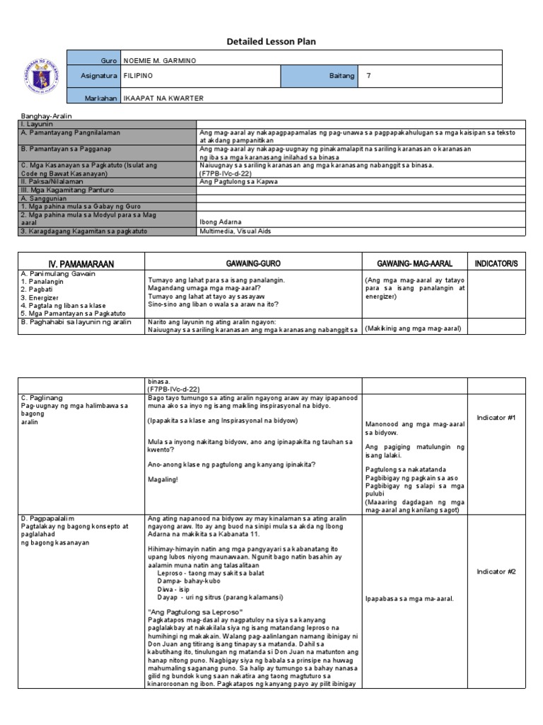 Detailed Lesson Plan - FILIPINO 7 | PDF