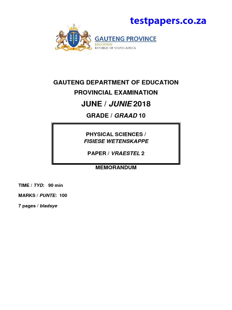 Gr10 Phy P2 (English and Afrikaans) June 2018 Possible Answer | PDF Gr10 Phy P2 (English and Afrikaans) June 2018 Possible Answer | PDF