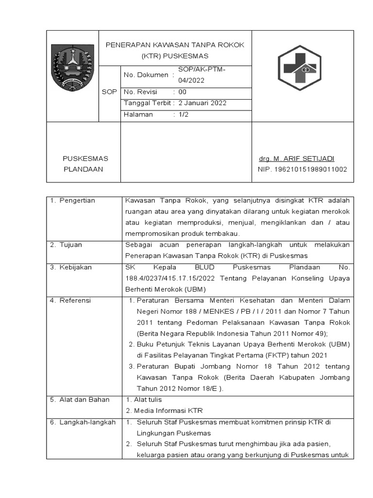 4.5.1.2.4 Sop Penerapan Kawasan Tanpa Rokok (KTR) Di Puskesmas | PDF
