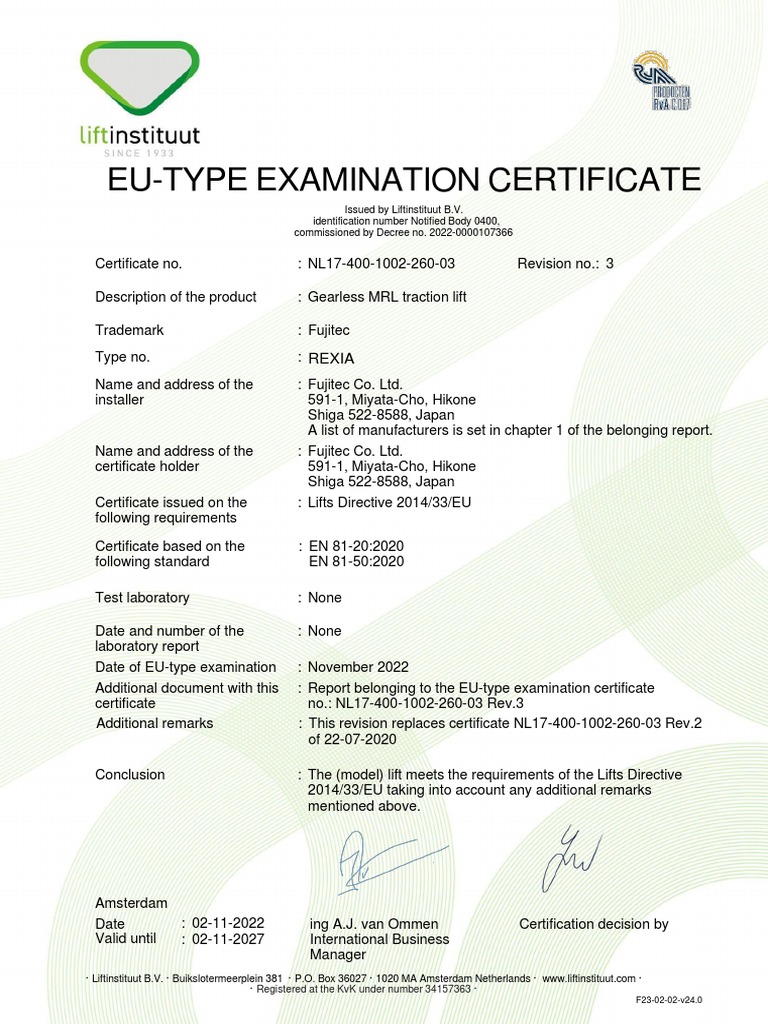NL17-400-1002-260-03 REV.3 - EU Certificate - REXIA | PDF