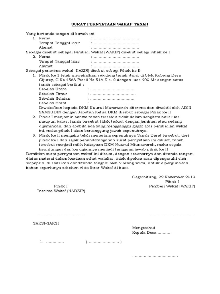Contoh Surat Pernyataan Wakaf Tanah | PDF