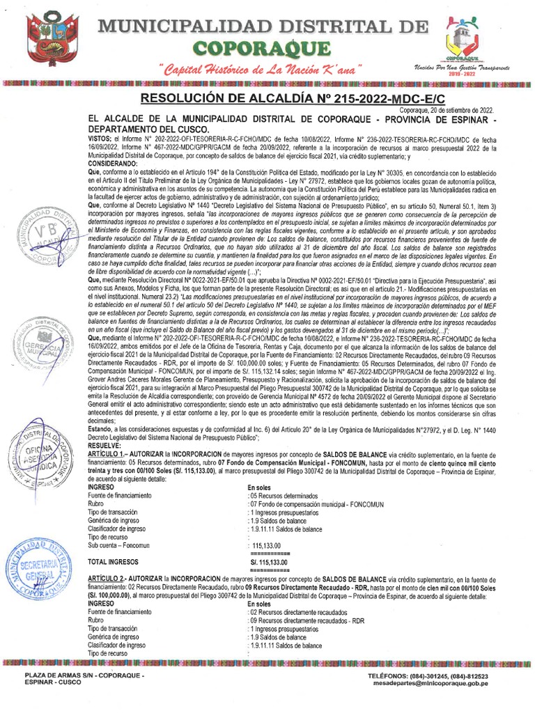 Resolucion de Alcaldia #215-2022-Mdc-E PDF | PDF