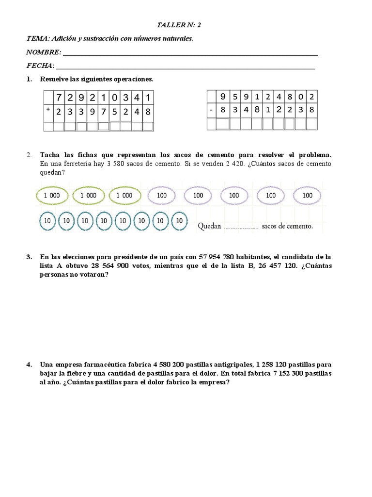 TALLER N. 2 Sumas y restas con numeros naturales | PDF