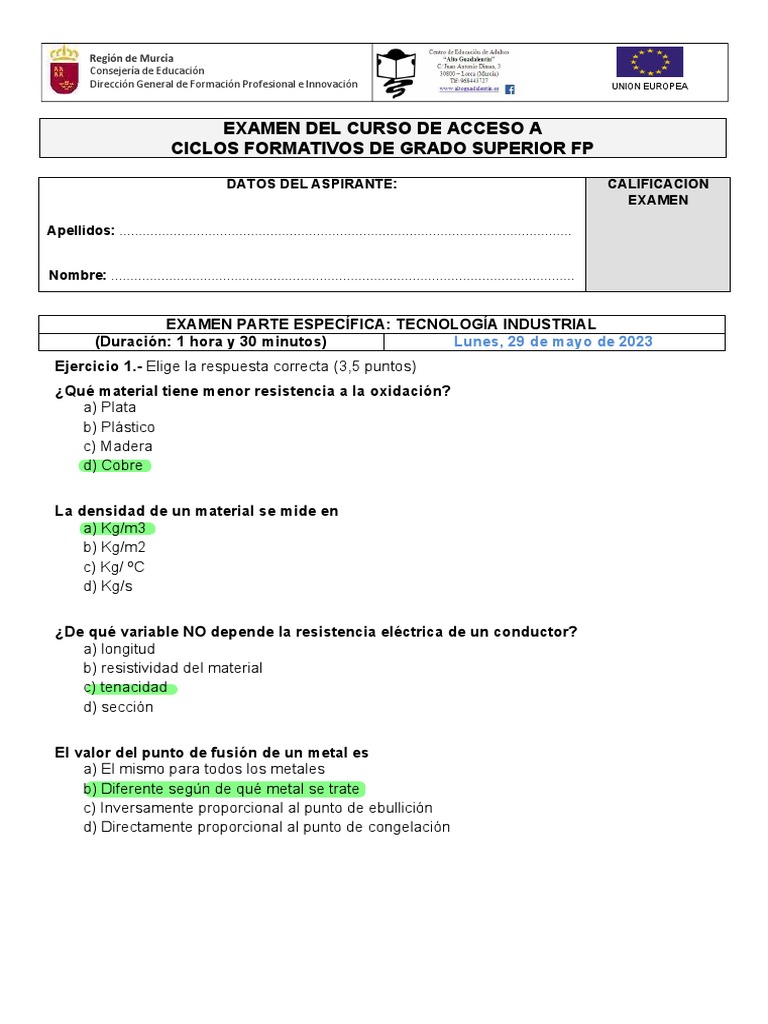 Prueba Tecnologia Industrial 3a Evaluación-SOLUCION | PDF