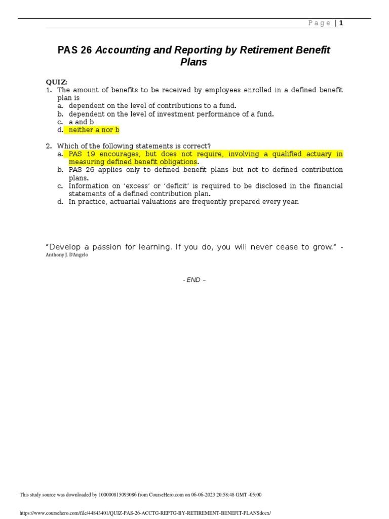 Quiz Pas 26 Acctg Reptg by Retirement Benefit Plans | PDF