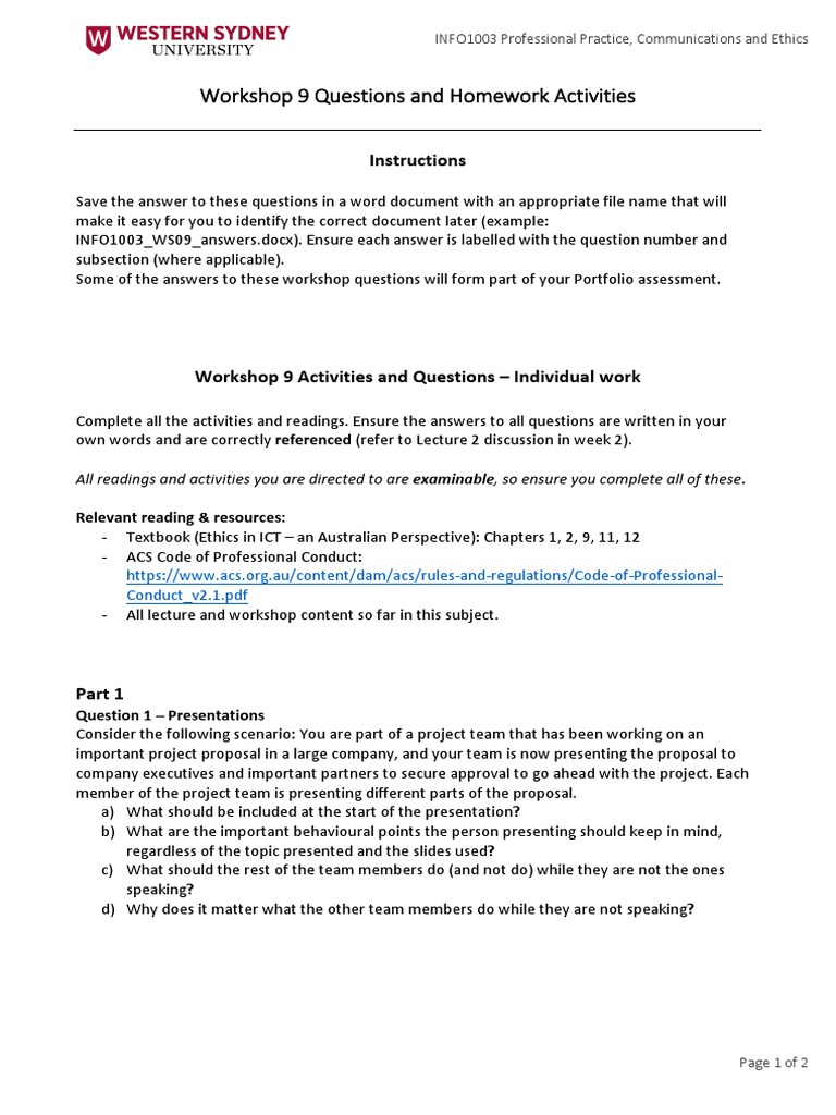 Workshop 9 Questions and Homework Activities: Instructions | PDF