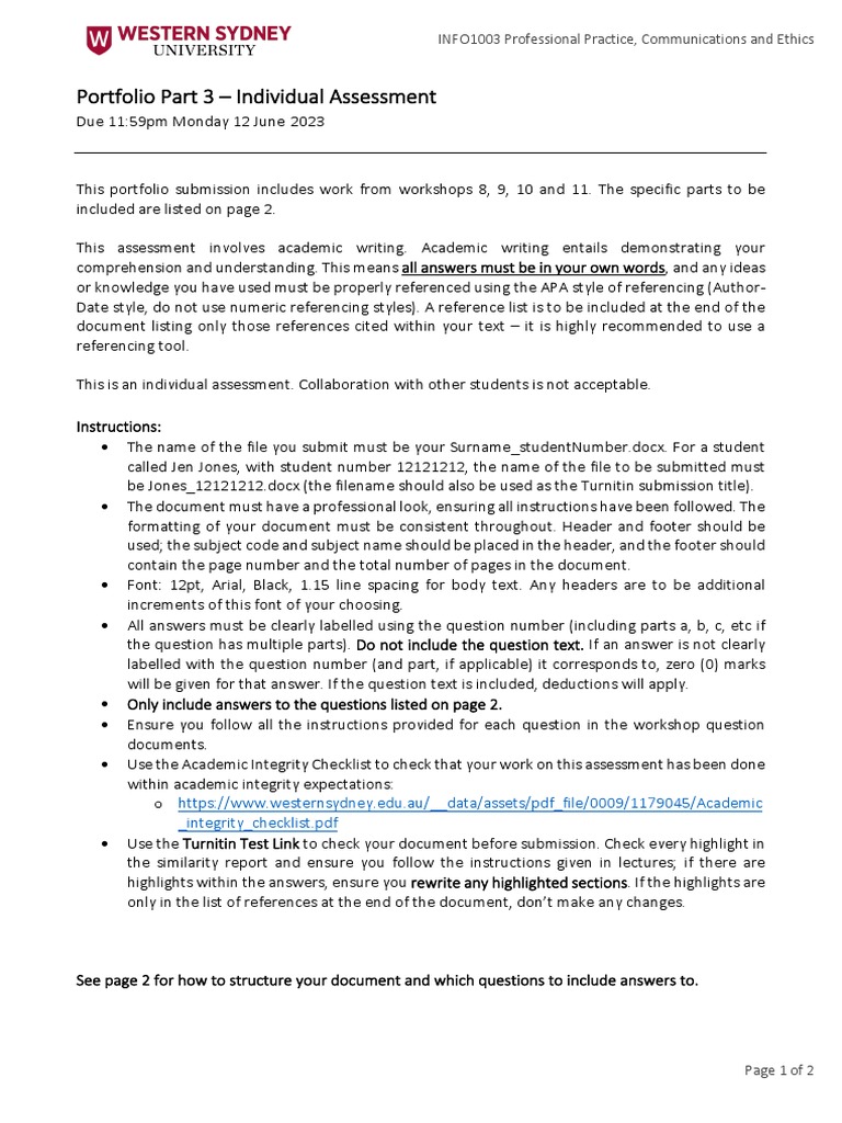 Portfolio Part 3 - Individual Assessment: - Integrity - Checklist PDF ...