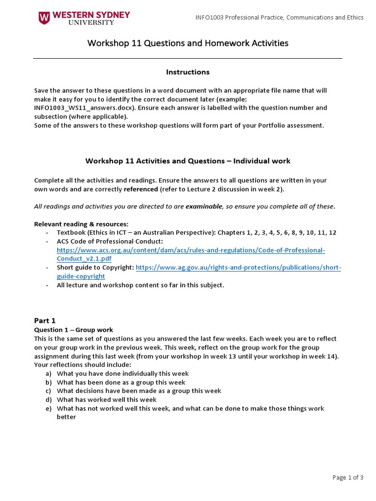 Workshop 11 Questions and Homework Activities: Instructions | PDF