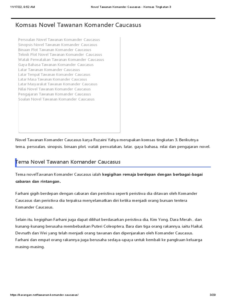 Novel Tawanan Komander Caucasus - Komsas Tingkatan 3 | PDF | Puisi | Klasik