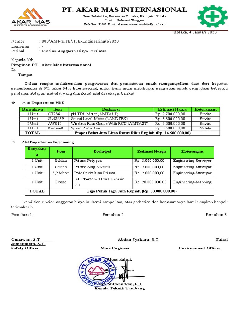 Rincian Biaya Peralatan PT Akar Mas | PDF