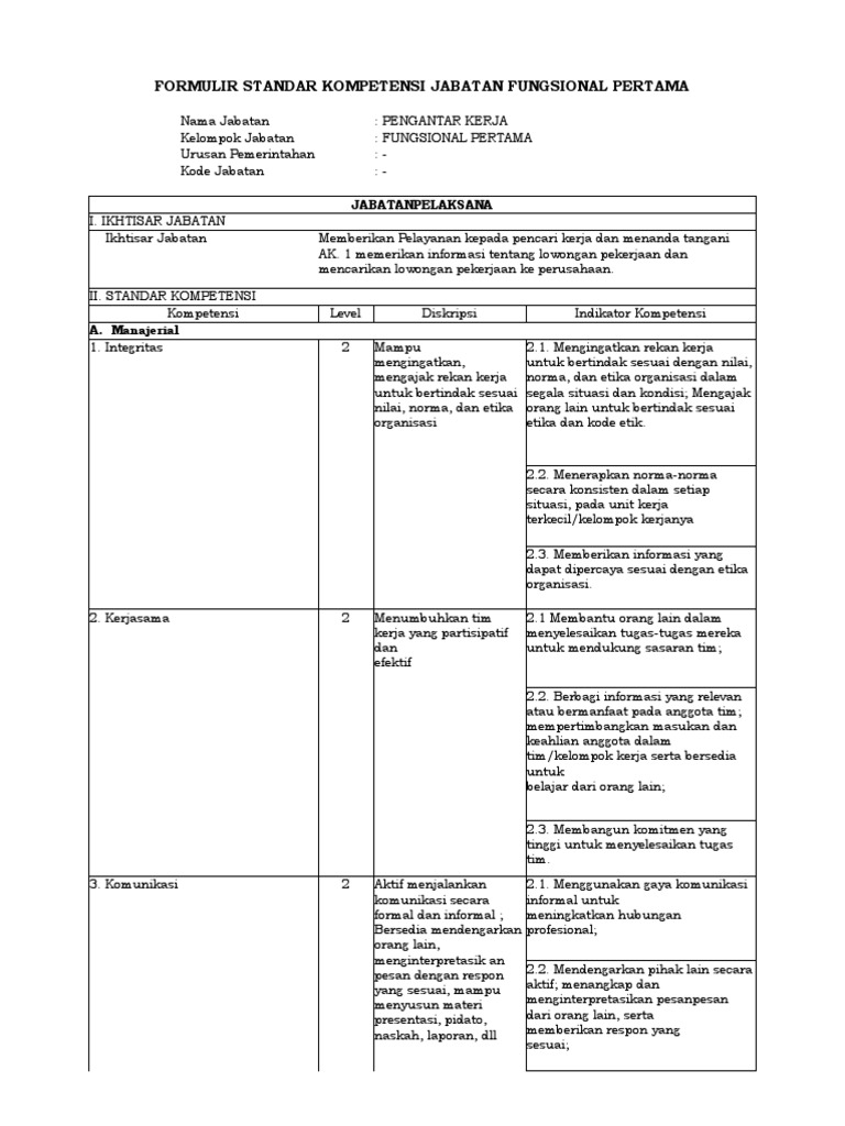 Standar Kompetensi Jabatan Fungsional Pertama (PENGANTAR KERJA) | PDF