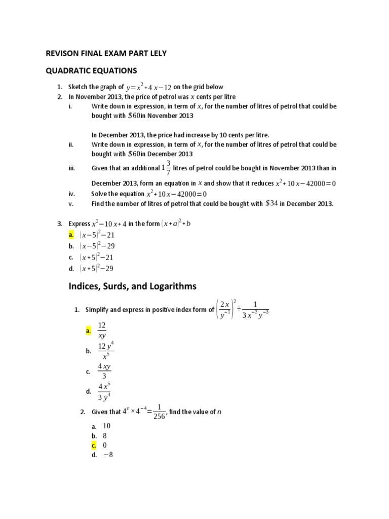 Revision Final Exam Part Lely | PDF | Equations | Elementary Mathematics