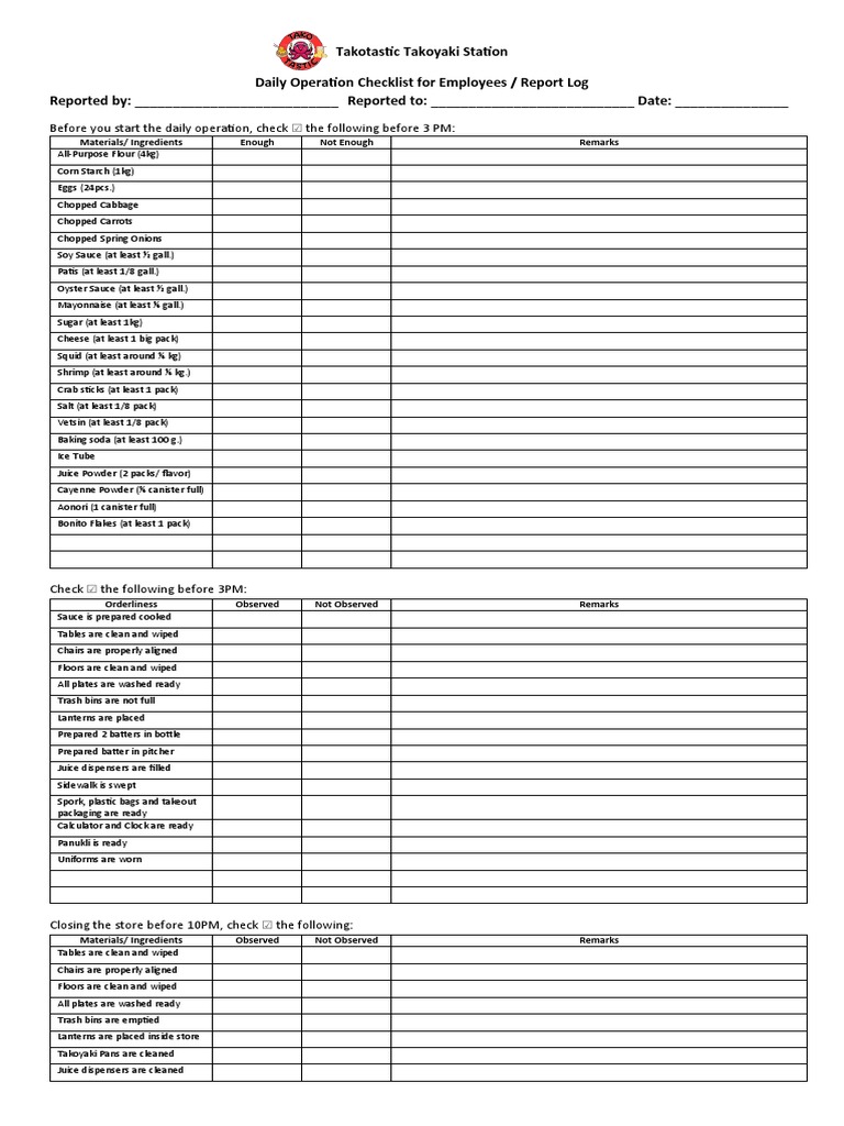 Takotastic Daily Operations Checklist | PDF | Sauce | Batter (Cooking)