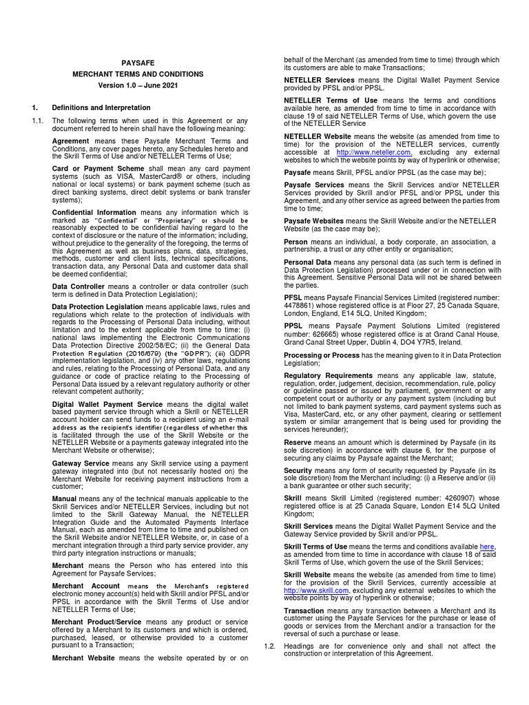 Paysafe DW Merchant Terms June 2021 | PDF