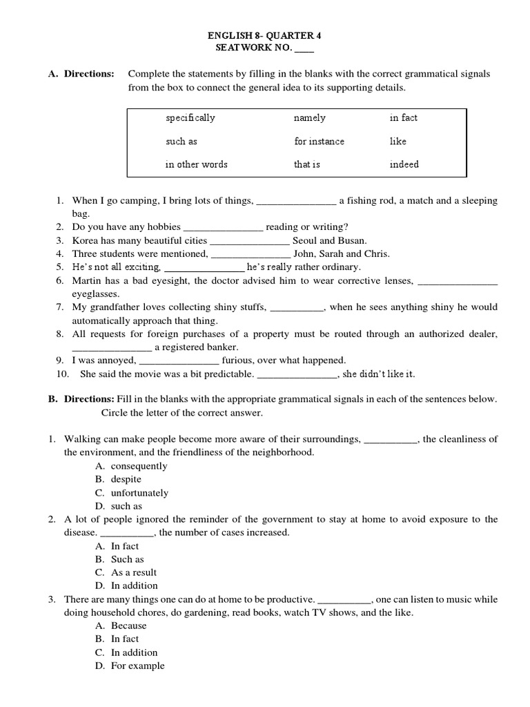 Seatwork Grade 8 | PDF