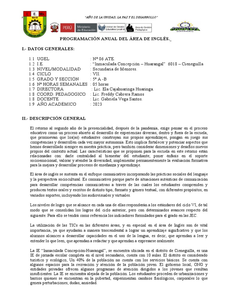 Progr. Anual de 5°año - Inglés 2023 | PDF | Crecimiento personal y profesional | Estudios de ...