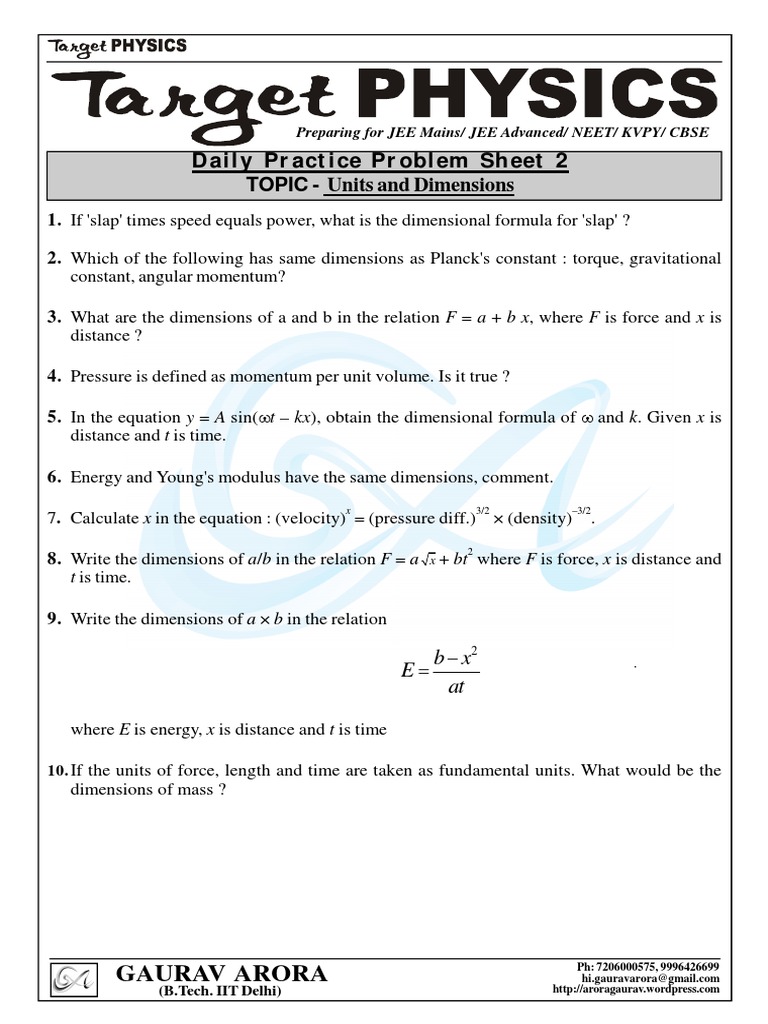 11TH DPP-2 (Unit & Dimension) Cbse | PDF