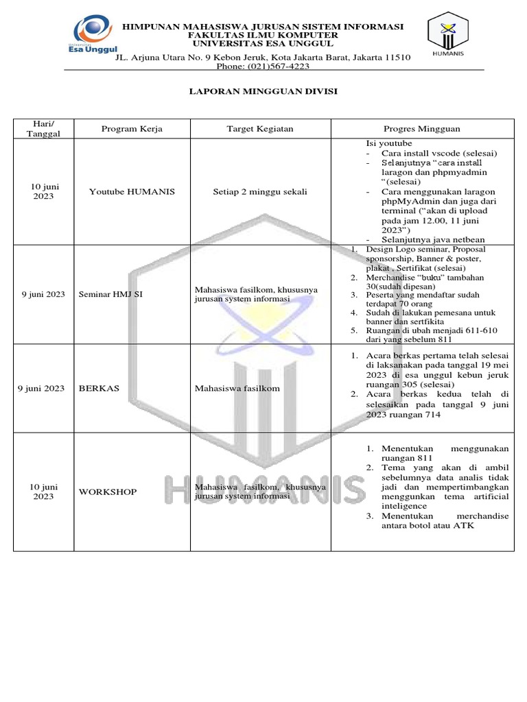 Laporan Mingguan Divisi DIK BANG 11 JUNI 2023 | PDF