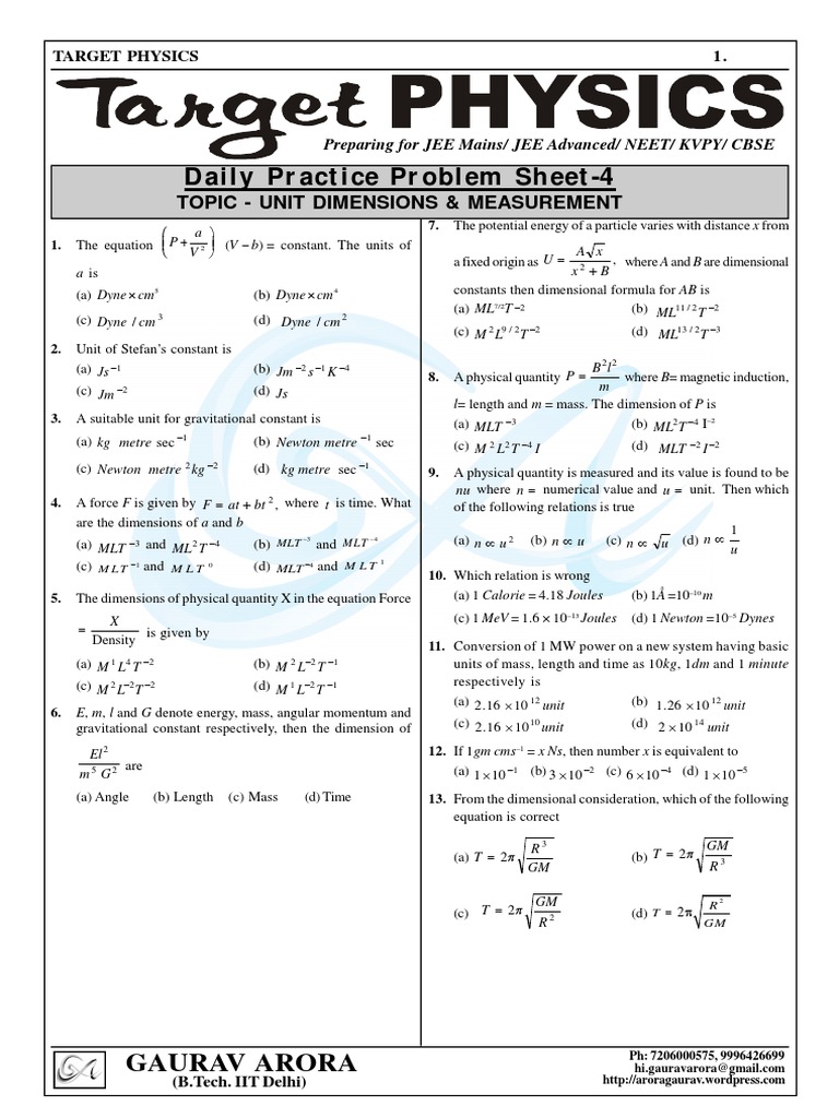 11th Dpp-4 (Unit & Dimension) | PDF | Dynamics (Mechanics) | Applied And Interdisciplinary Physics