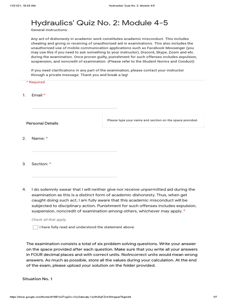 Hydraulics' Quiz No. 2_ Module 4-5 - Google Forms | PDF | Fluid ...