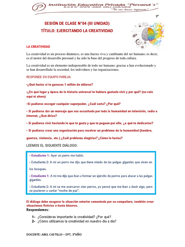 SESIÓN 4 EPT, 3° (III U) Ejer Creati | PDF