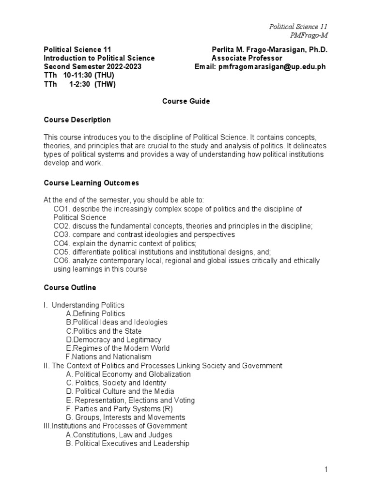 Political Science 11 Course Guide and Syllabus (TTH Classes - 1st Sem ...