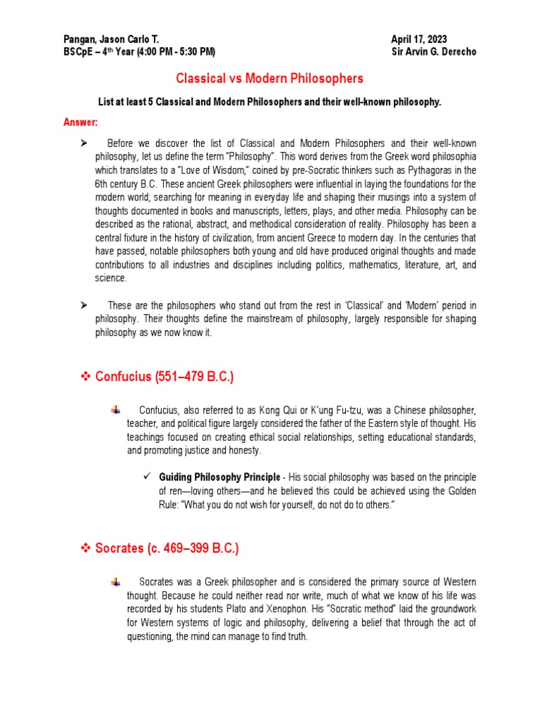 Classical vs Modern Philosophers List | PDF | Socrates | Aristotle