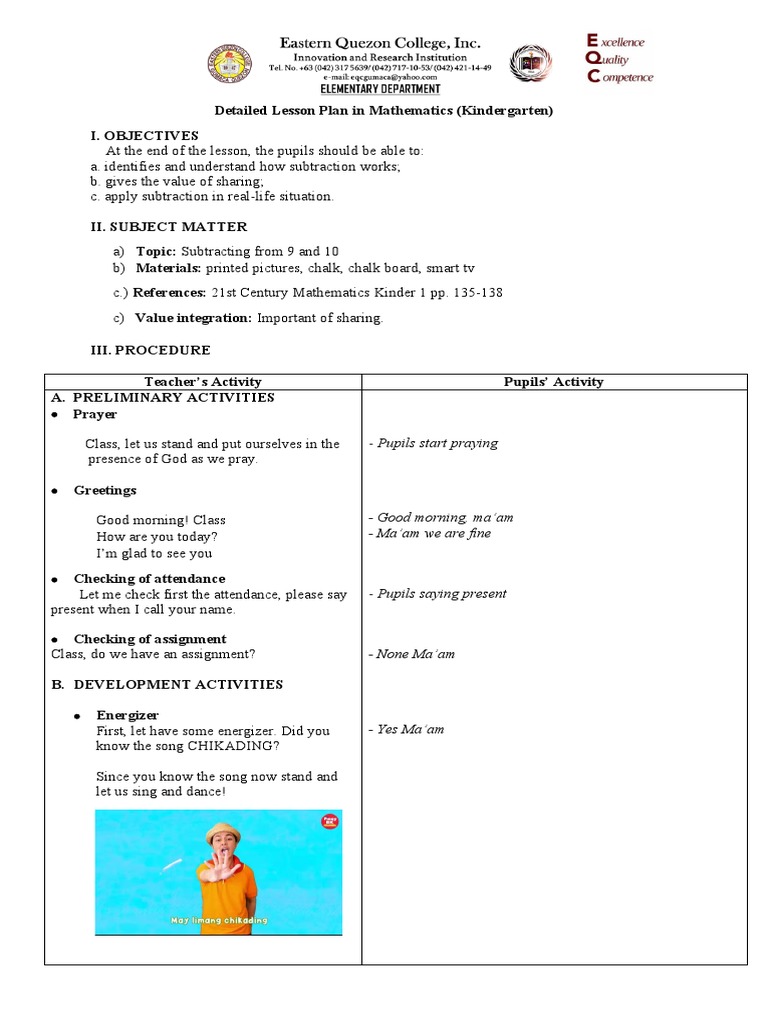 DETAILED LP IN MATHEMATICS KG Khaye | PDF | Subtraction | Mathematics