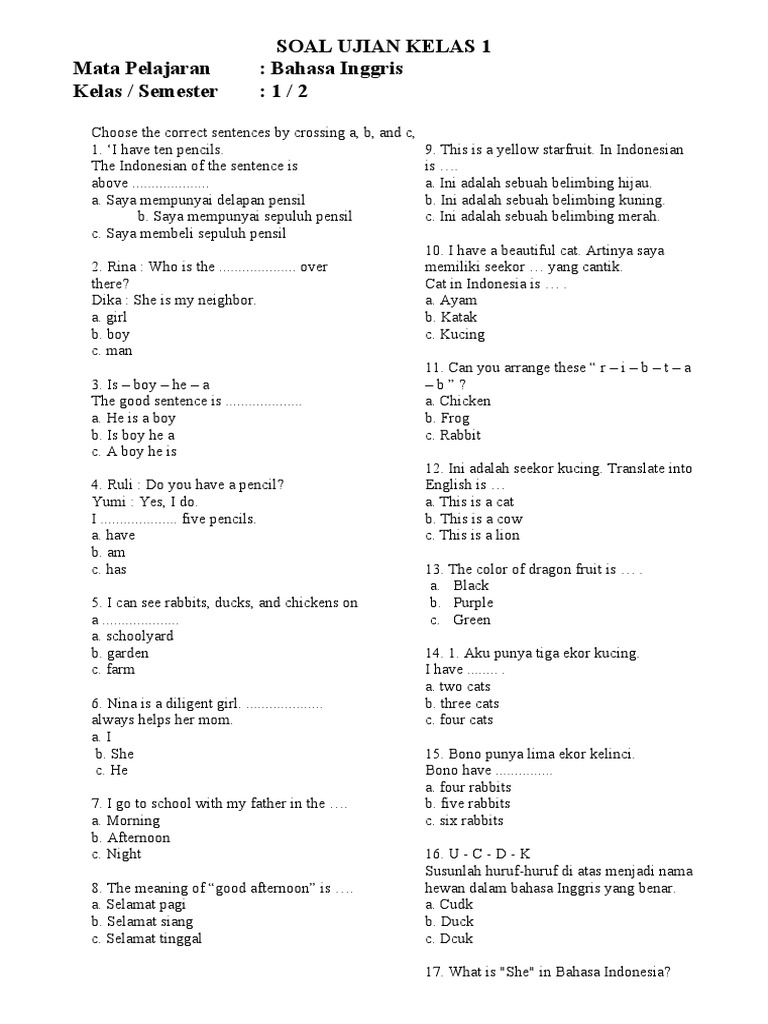 SOAL UJIAN KELAS 1 Sampai 5 Ok | PDF