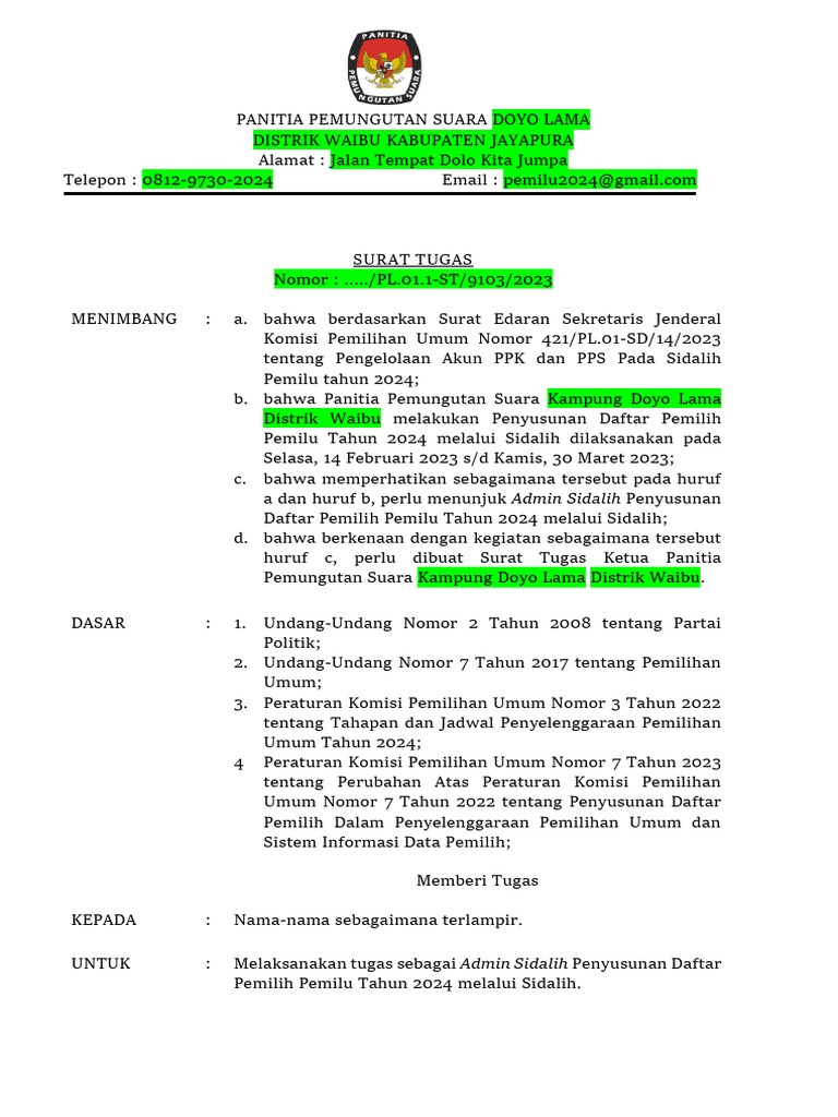 Contoh Surat Tugas Admin Sidalih | PDF