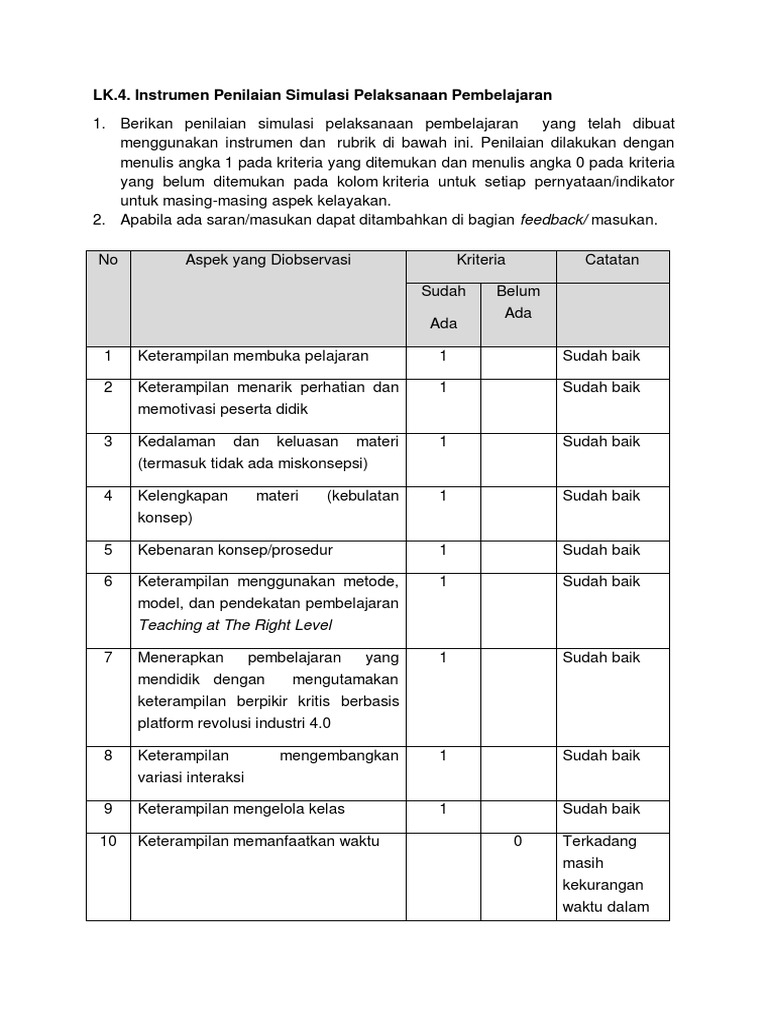LK.4. Instrumen Penilaian Simulasi Pelaksanaan Pembelajaran | PDF