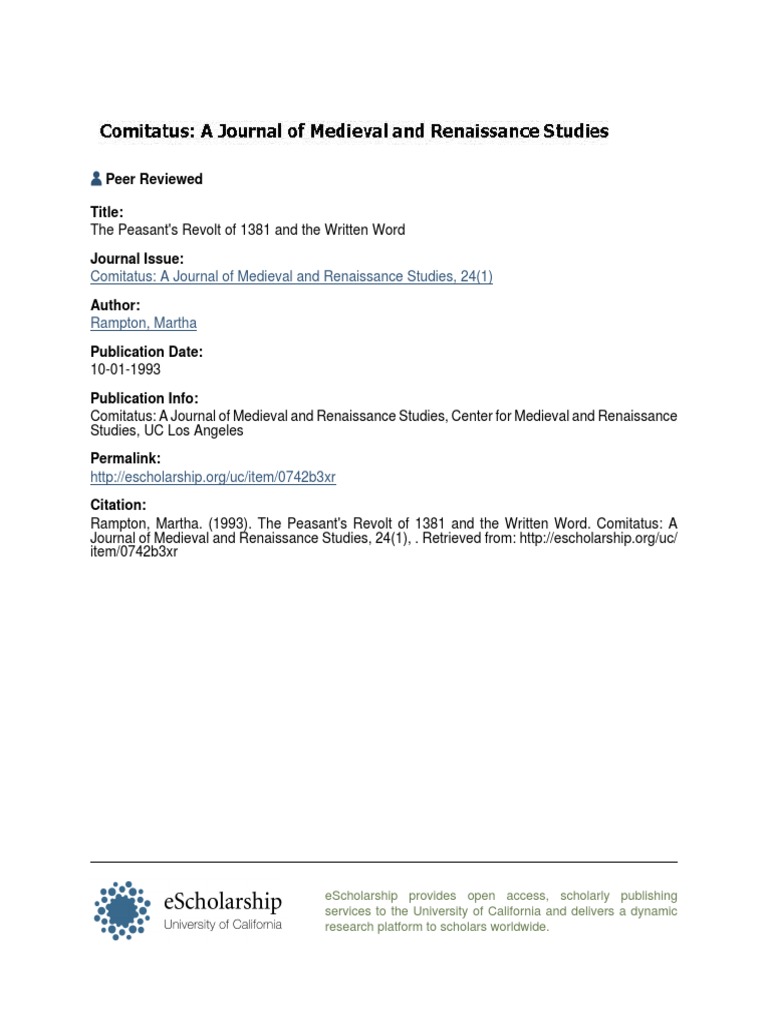 The Peasant's Revolt of 1381 and The Written Word. Rampton, M. | PDF