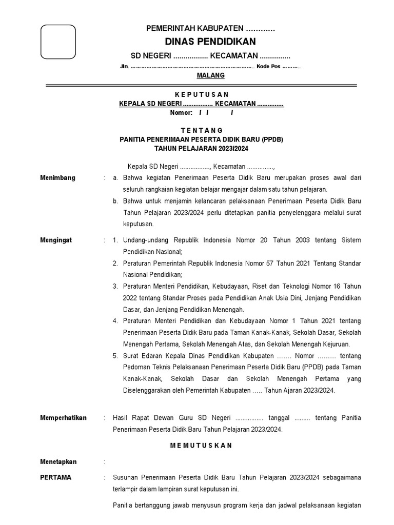 SK Panitia PPDB SD 2022-2023 (Panduanmengajar - Com) | PDF