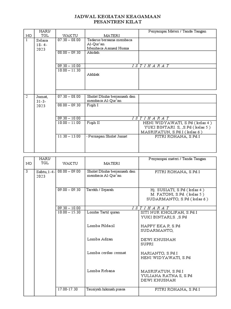 Jadwal Kegiatan Keagamaan | PDF