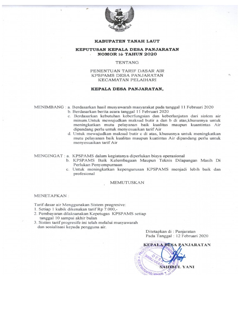 SK Kepala Desa Tentang Tarif Dasar Air KPSPAMS | PDF