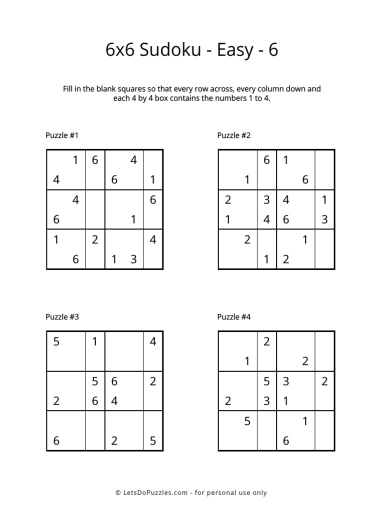 Easy 6x6 Sudoku Puzzles with Solutions | PDF