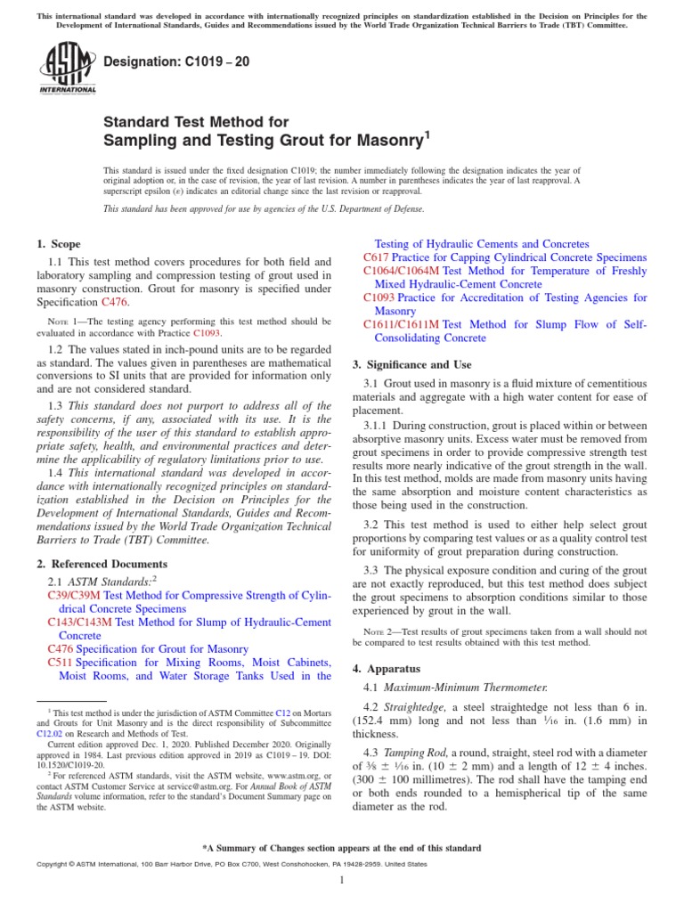 Sampling and Testing Grout For Masonry: Standard Test Method For ...