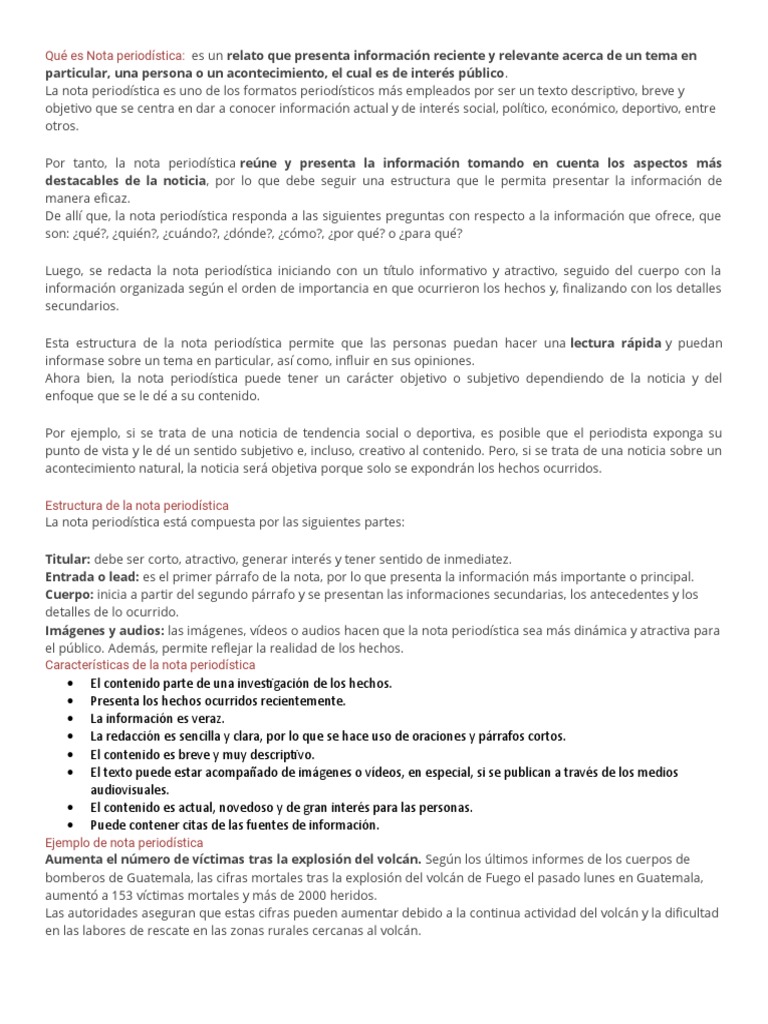 Definición y Ejemplo de Nota Periodística | PDF | Información