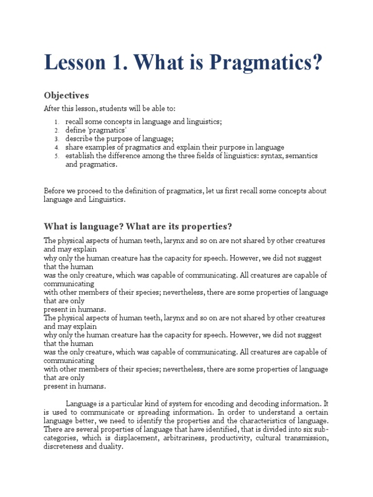 Lesson 1 - WHAT IS PRAGMATICS | PDF | Linguistics | Syntax