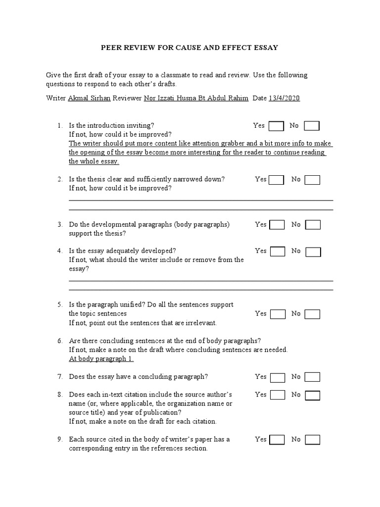 Peer Review Form For Cause Effect Essay | PDF