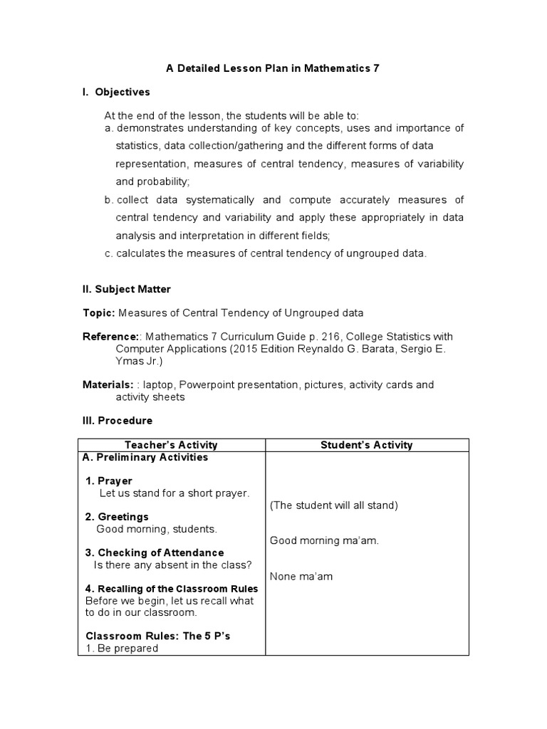 Detailed Lesson Plan in Mathematics 7 Measure of Central Tendency For ...